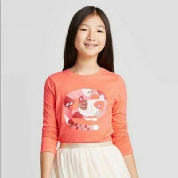 Cat & Jack | Shirts & Tops | Cat Jack Orange Cat Graphic Long Sleeve ...